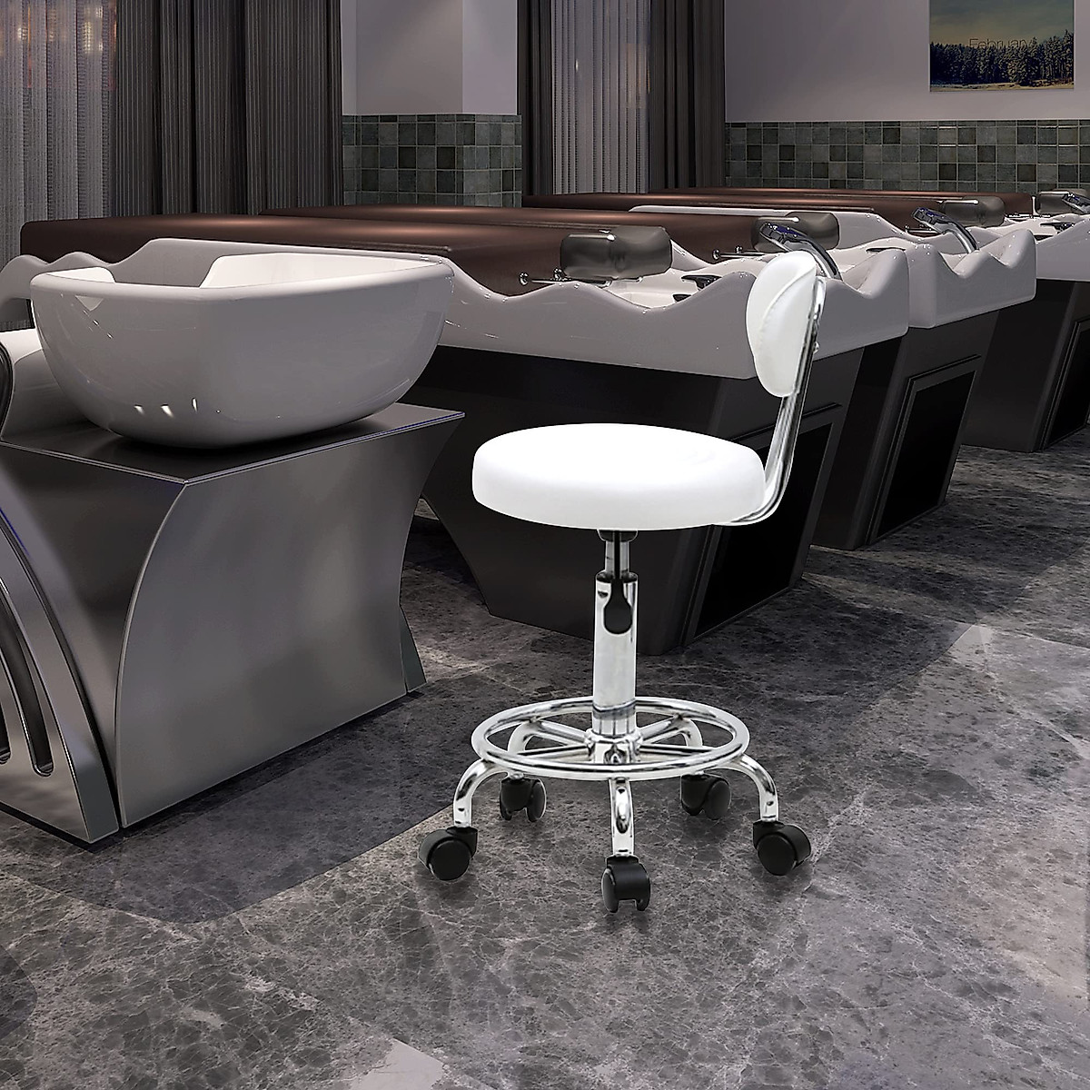 Henf Adjustable Rolling Stool Chair, Multi-Purpose Salon Massage Stool with Wheels and Small Back for Medical Salon Artist Tattoo Facial Manicure Dentist Clinic, White