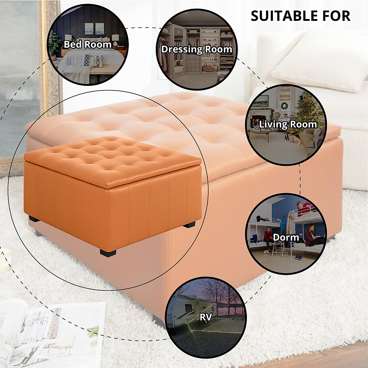 Celine 31" Large Tufted Storage Ottoman with Removable Lid and Storage, Upholstered Square Ottoman Cube Bench / Footrest / Coffee Table, Perfect for Living Room, Bedroom, Entryway, Dorm Room - Caramel