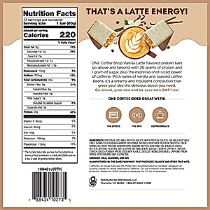 ONE Coffee Shop Caffeinated Protein Bars, Vanilla Latte, Gluten Free with 20g Protein and 65mg of Caffeine Energy, Pantry Staples, 2.12 oz (12 Count)