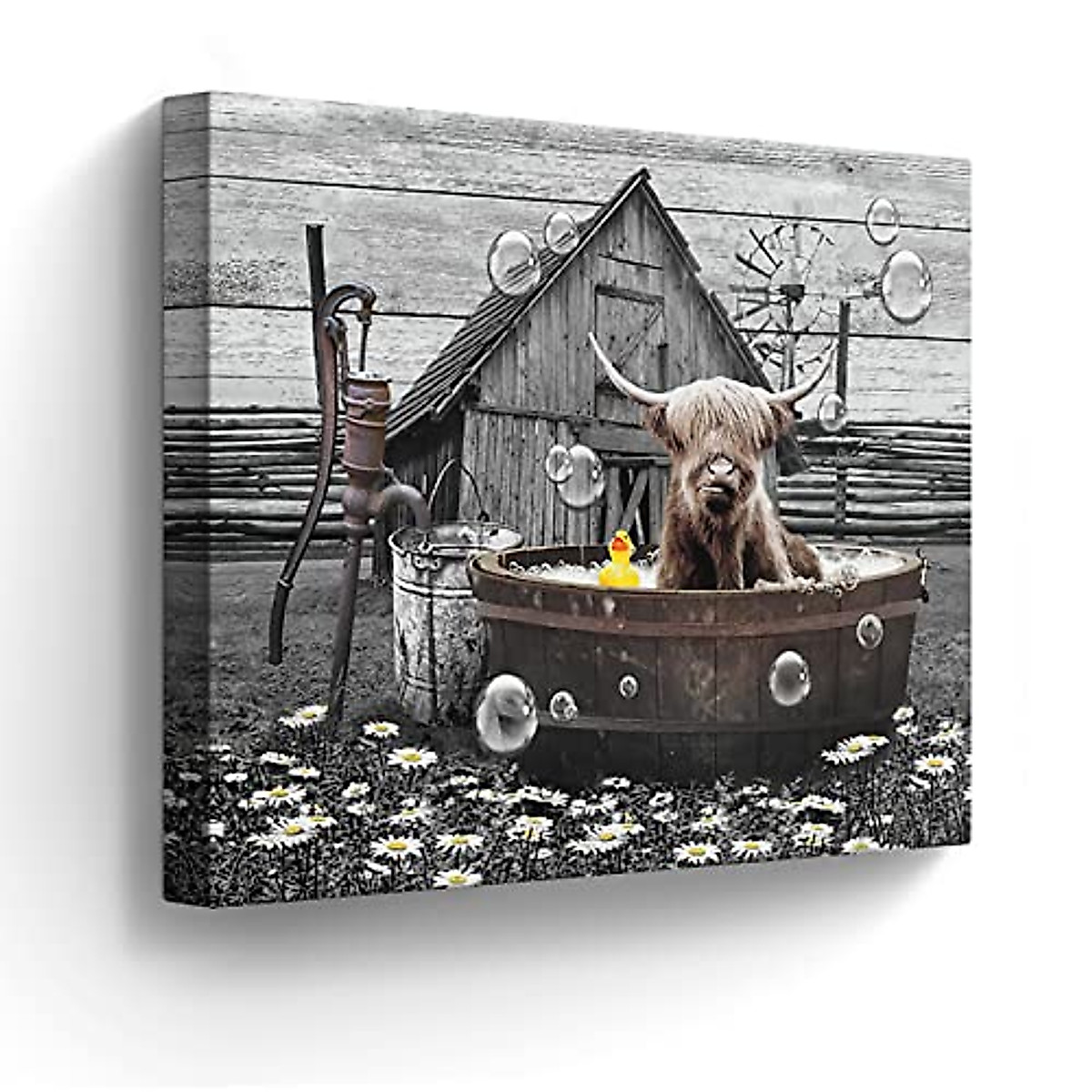 Farmhouse Bathroom Decor Wall Art Funny Highland Cow in Bathtub Pictures Wall Decor Rustic Bathroom Cow Painting for Bathroom Toilet Cattle Artwork Framed 16"x20"