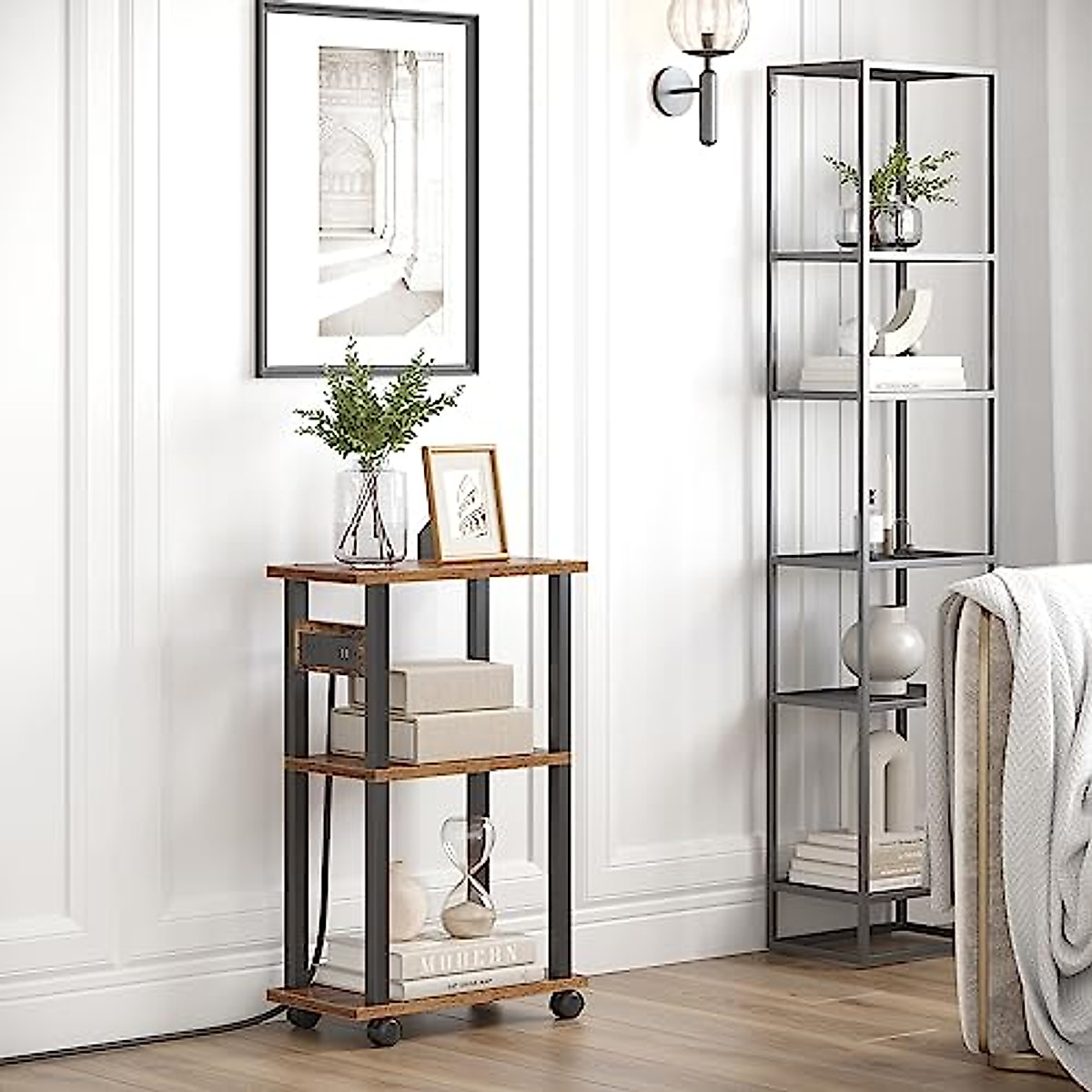 TUTOTAK Small Narrow Side Table with Charging Station, Set of 2 Skinny End Table for Small Spaces, Slim Nightstand with USB Ports and Outlet,Sofa Beside Table with Wheels, Brown TB01BB047
