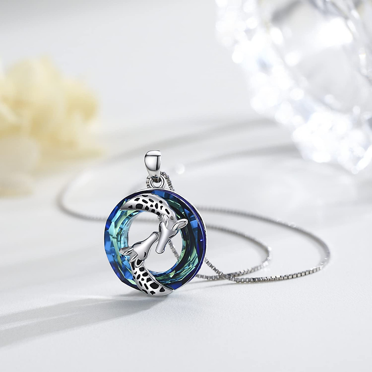 Midir&Etain Giraffe Necklace 925 Sterling Silver Animal Pendant Necklace with Circle Crystal Giraffe Jewelry Gifts for Women for St Patricks Day