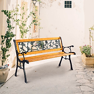 S AFSTAR Outdoor Garden Bench, Outside Porch Loveseat with Rose Cast Backrest & Stable Metal Legs, 2-3 Person Park Bench, Weather Proof Outdoor Bench for Patio Garden Backyard Poolside