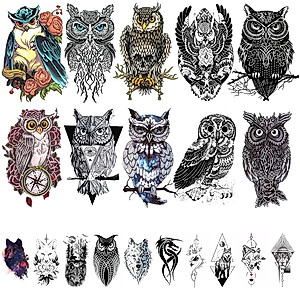 20 Sheets Large Owl Temporary Tattoos for Men Women, Realistic Owl Temporary Tattoo Stickers for Adults 3D Fake Wolf Lion Dragon Totem Animals Tatoos