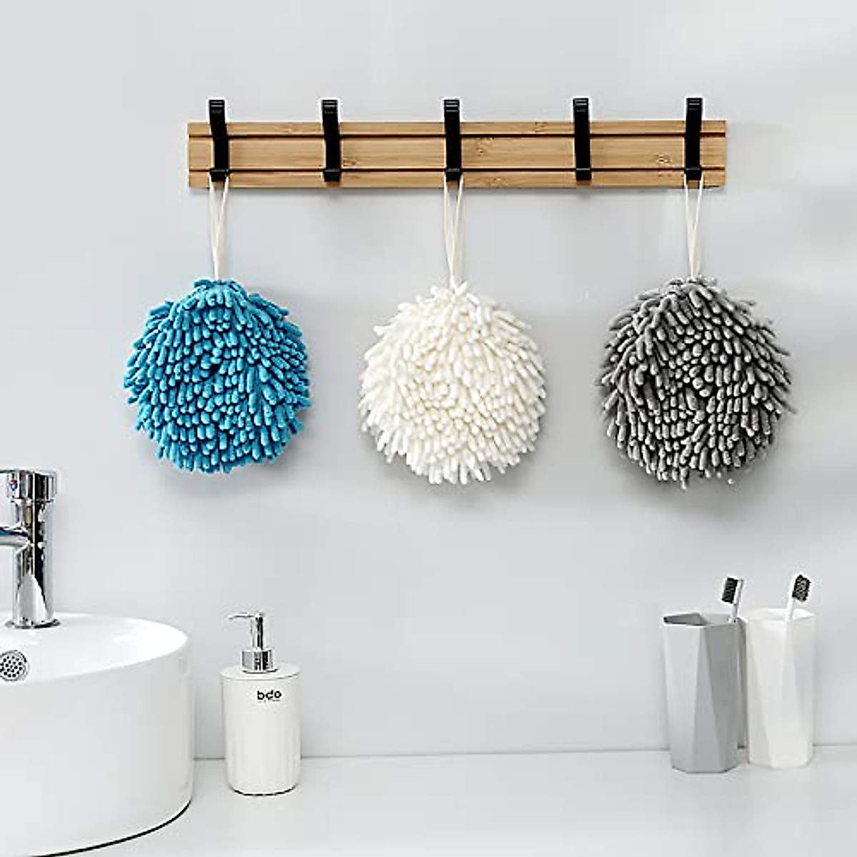 Emivery 3 Pack Chenille Hand Towels Soft Absorbent Microfiber Hanging Ball Towel Bathroom Kitchen Hand Drying Towels Wipe Cleaning