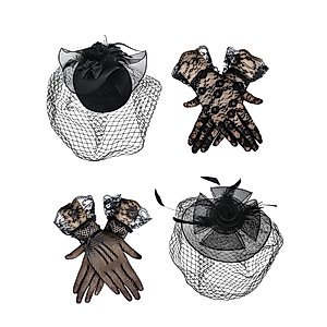 JenPen 4 Pcs Fascinator Hat for Women Tea Party Headwear Feathers Veil Mesh Headband Floral Short Lace Gloves 20s 50s Costume Accessories for Wedding Black