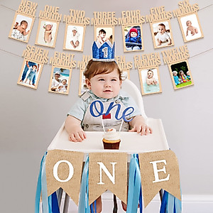 One High Chair First Birthday Burlap Banner One Banner and 1st Birthday Photo Banner for Boy Girl Newborn 12 Month One Year Old Birthday Decorations Monthly Milestones Garland Photo Prop Supplies