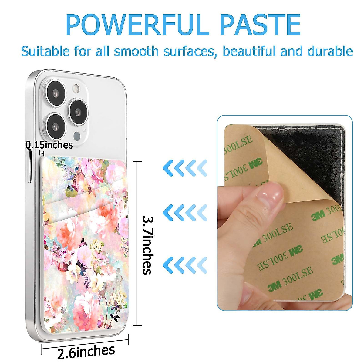 Leather Phone Card Holder Phone Wallet, Stick Back Phone Wallet Sticker Stylish Phone Case Credit Card Holder, Suitable for iPhone, Samsung, Android and Most Smart Phones.Pink Flowers