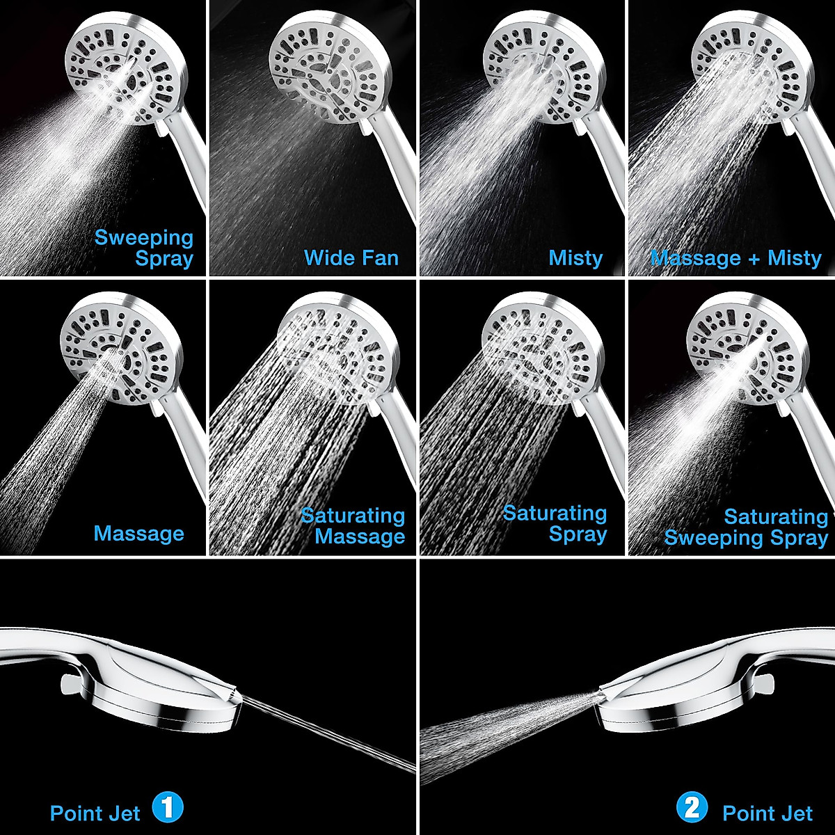 8 Massage Setting ＆ 2 Jet Modes High Pressure Shower Heads, 5.04" Large Size Handheld Shower Head 59" Stainless Steel Shower Head with Hose 360° Detachable Shower Head Aqua Care Shower Head