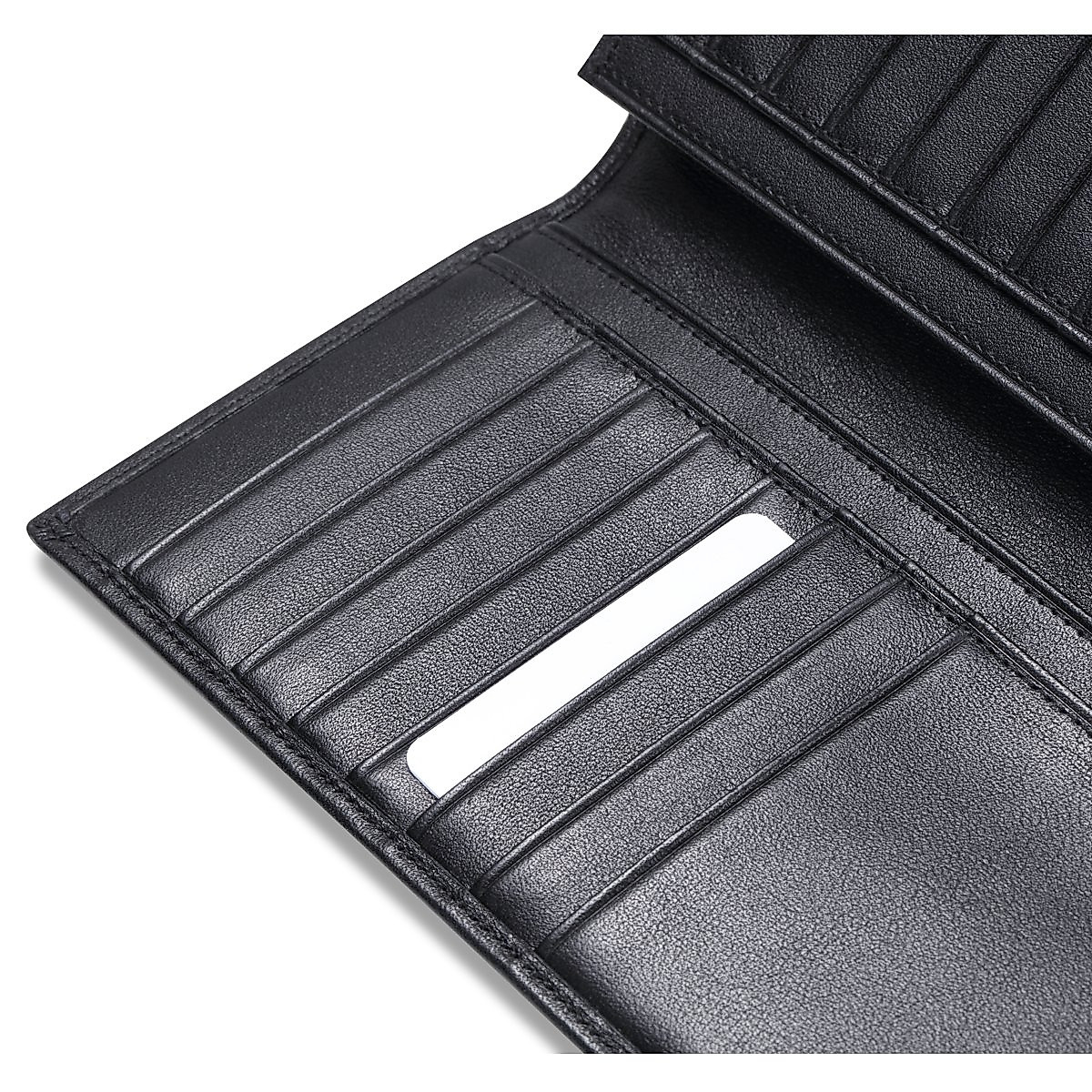 HISCOW Bifold Long Wallet with 15 Credit Card Slots - Italian Calfskin (Black)