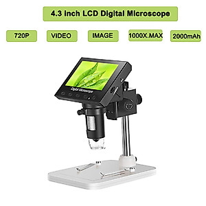 4.3 inch LCD Digital Microscope USB Microscope with 1000X Magnification, Adjustable LED Lights, Camera Video Recorder for Circuit Boards, Study, Jewelry Identification, Insect and Plant Observation