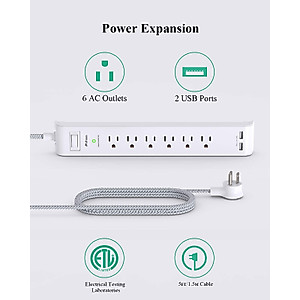 2 Pack Power Strip Surge Protector - 6 Outlets 2 USB Ports 5Ft Long Extension Cords, Flat Plug Overload Protection Outlet Strip, 900 Joules, Wall Mount for Home, Office and Dorm Essential, ETL Listed