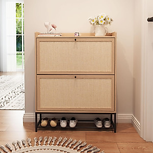 AVZEAR Freestanding Shoe Cabinet with 2 Flip Drawers - Modern Narrow Organizer for Hallway, Bedroom, and Entryway (Natural)