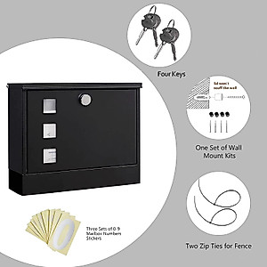 LAND·VOI Locking Mailbox Wall Mounted, Metal Postbox with Three Sets of Mail Box Number Stickers, 4 Keys, 14.4" x 4.5" x 11.2", Large Capacity, Black, AMB11B