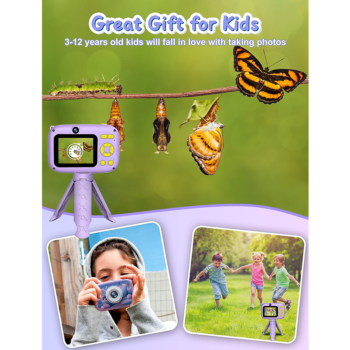 MIIULODI Kids Camera, Christmas Birthday Gift for Kids 3-12 Year Old Girl Boy 2.4 Inch Time-Lapse Video Record Scientific Children Digital Cameras Toddler Night Light Toys for 4 5 6 7 8 Year Old