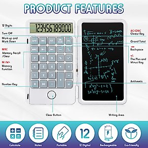 Hion Calculators,12-Digit Large Display Rechargeable Pocket Office Desktop Calculator with Erasable Wiriting Tablet,Mute Basic Desk Calculators with Doodle Pad for Student Home School,White