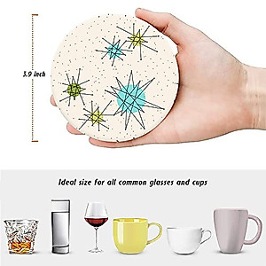 HUXJOKO Coasters for Drinks Set of 6,Mid Century Modern Design Absorbent Ceramic Coaster,Round Stone Mat,with Cork Base and Metal Holder for Coffee Table Room Bar Home Decor Housewarming Gifts