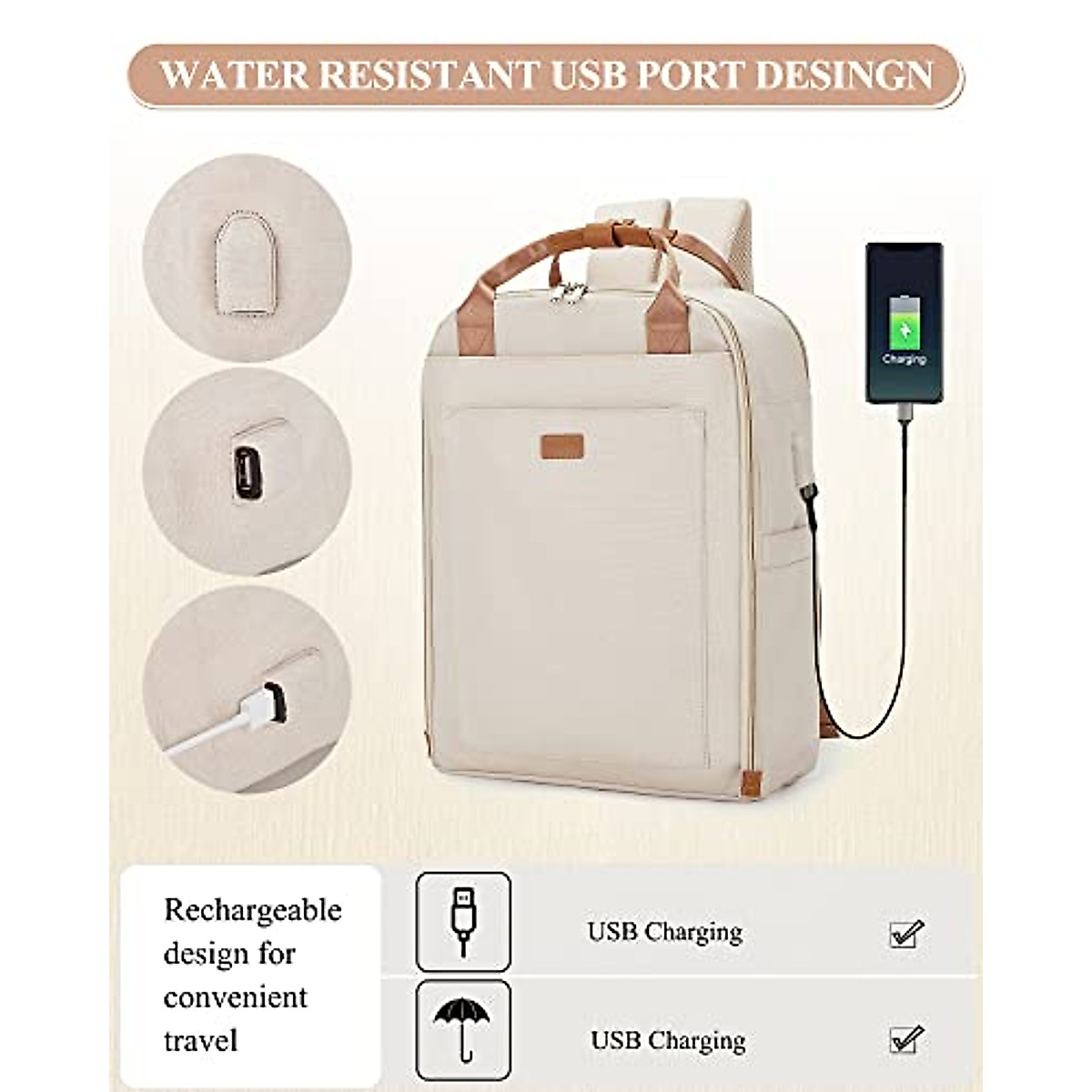 UPPACK Travel Laptop backpack for Women Work Bag Teacher Backpack Large Travel Backpack Women Carry On Backpack Laptop Backpacks for Men Personal Item Backpack for Airlines Outdoor Waterproof Beige