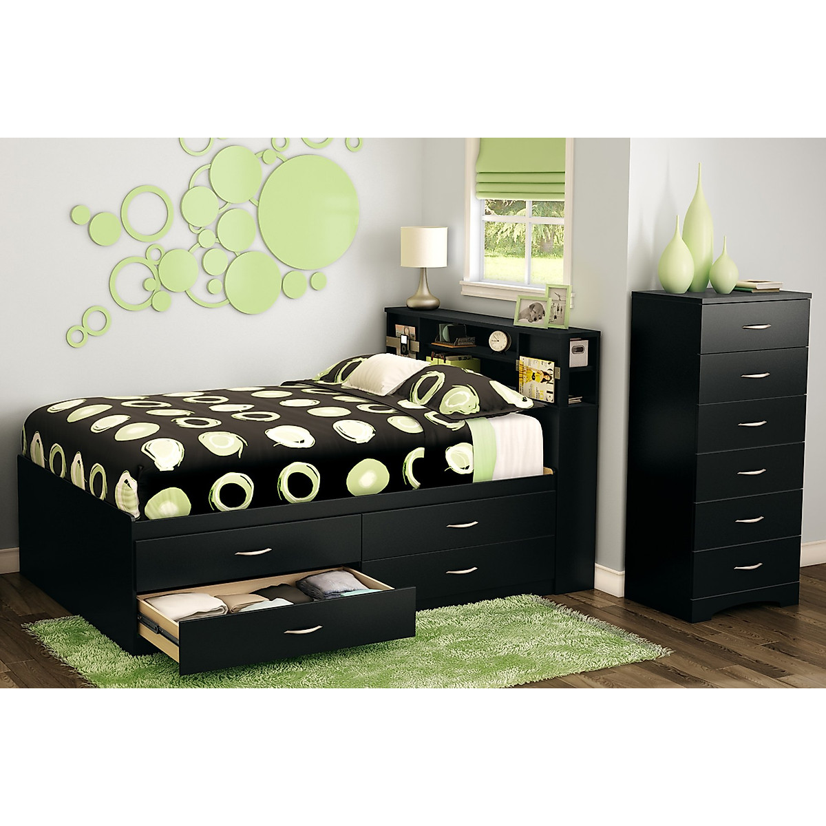 South Shore Step One Bookcase Headboard with Compartment Storage, Full 54-inch, Pure Black