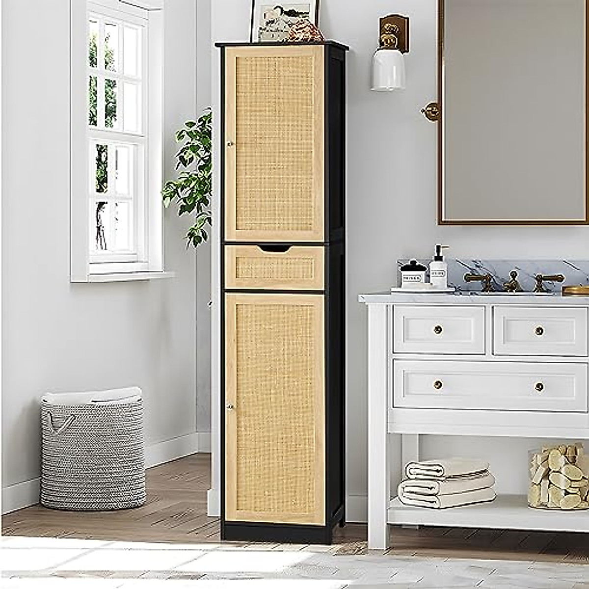 Iwell Tall Bathroom Cabinet with Doors, Rattan Storage Cabinet with Adjustable Shelves, Freestanding Narrow Linen Cabinet for Living Room, Entryway, Kitchen, Home Office, Black