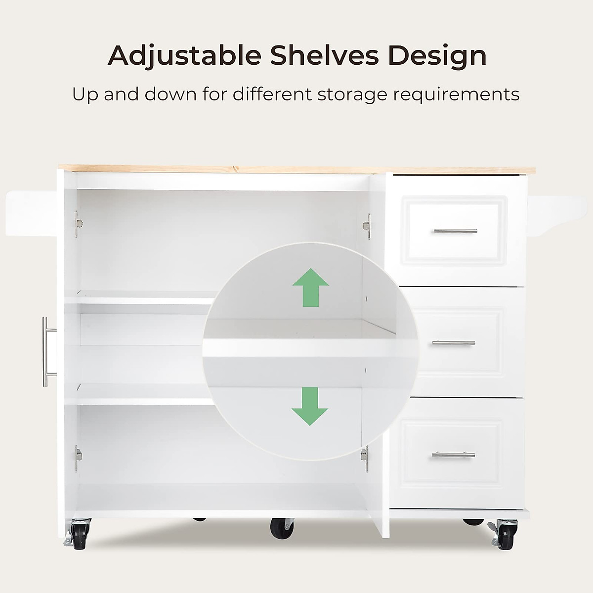 Unovivy Large Kitchen Island Cart with Drop Leaf, Kitchen Island with Storage, Rolling Kitchen Island with Adjustable Shelf Inside Cabinet, 3 Drawers, Spice Rack, Towel Rack and Wood Table Top(White)