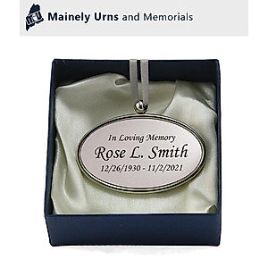 Hanging Silver Oval Personalized Pendant For Cremation Urns That Can’t Be Engraved - Includes Silver Satin Ribbon - Made of Solid Brass - Silver Tone Finish with Black Engraving