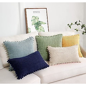 Pack of 2 LEISROUL Decorative Throw Pillow Covers with Cute Pompoms,Boho Accent Pillows for Bedroom and Living Room (Mint, 18" 18")