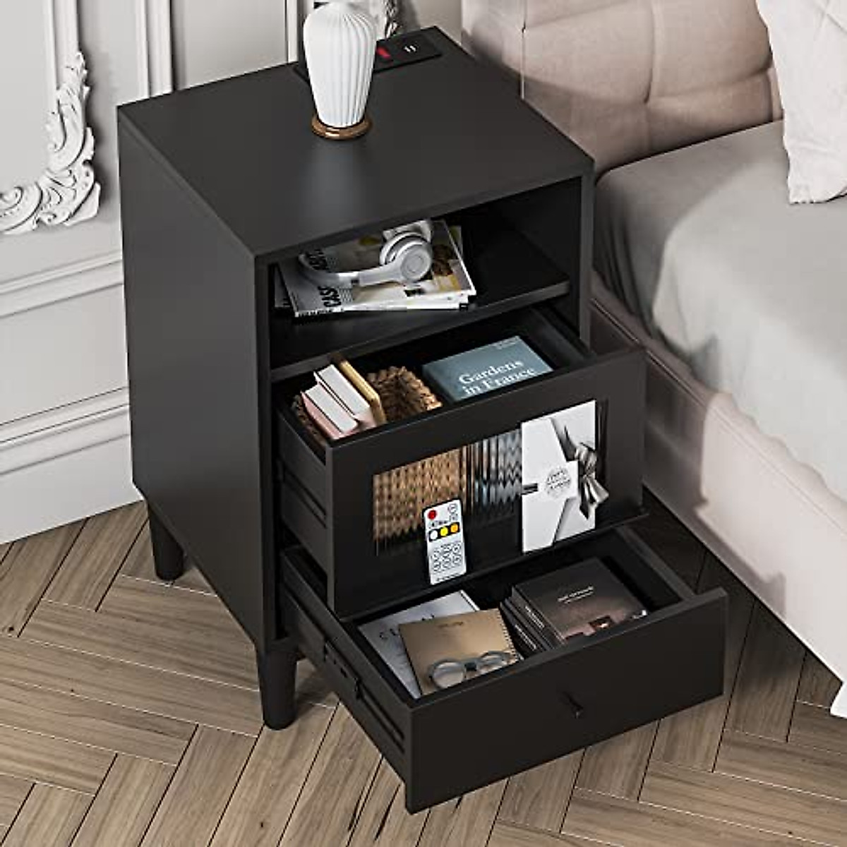 Saudism Black Nightstand with Charging Station, End Table with Glass Drawers, Night Stand with LED Lights, Wood Bedside Tables for Bedroom, 15.7”×13.7”×23.8”