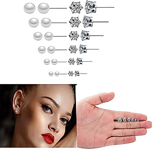 SUNSCSC Women's Stainless Steel Round Clear Cubic Zirconia Pearl Stud Earrings Gift 12 Pairs (White)