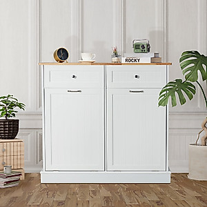 GTQuality Double Tilt Out Trash Cabinet, Dual Kitchen Trash Bin Cabinet with Hideaway Drawer, Wooden Free Standing Recycling Cabinet Garbage Can Holder Pet Proof(White)