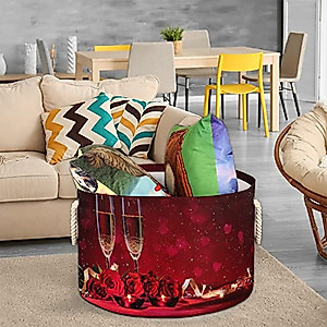 Valentine's Day Wine Rose Large Round Baskets for Storage Laundry Baskets with Handles Blanket Storage Basket for Bathroom Shelves Bins for Organizing Nursery Hamper Girl Boy