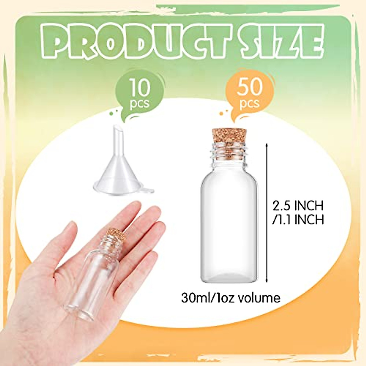 50 Packs 1 oz Plastic Sand Art Bottles with Cork Stoppers Mini Vial Potion Bottles Perfume Cork Bottle with 10 Mini Funnels for Filling Bottles for DIY Craft, Essential Oil, Message, Party Favor