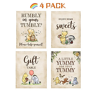 4PCS Winnie Table Sign Centerpieces A Little Yummy for Your Tummy for Baby Shower Decorations Pooh Birthday Decorations Welcome Baby Party Supplies(8x10in)