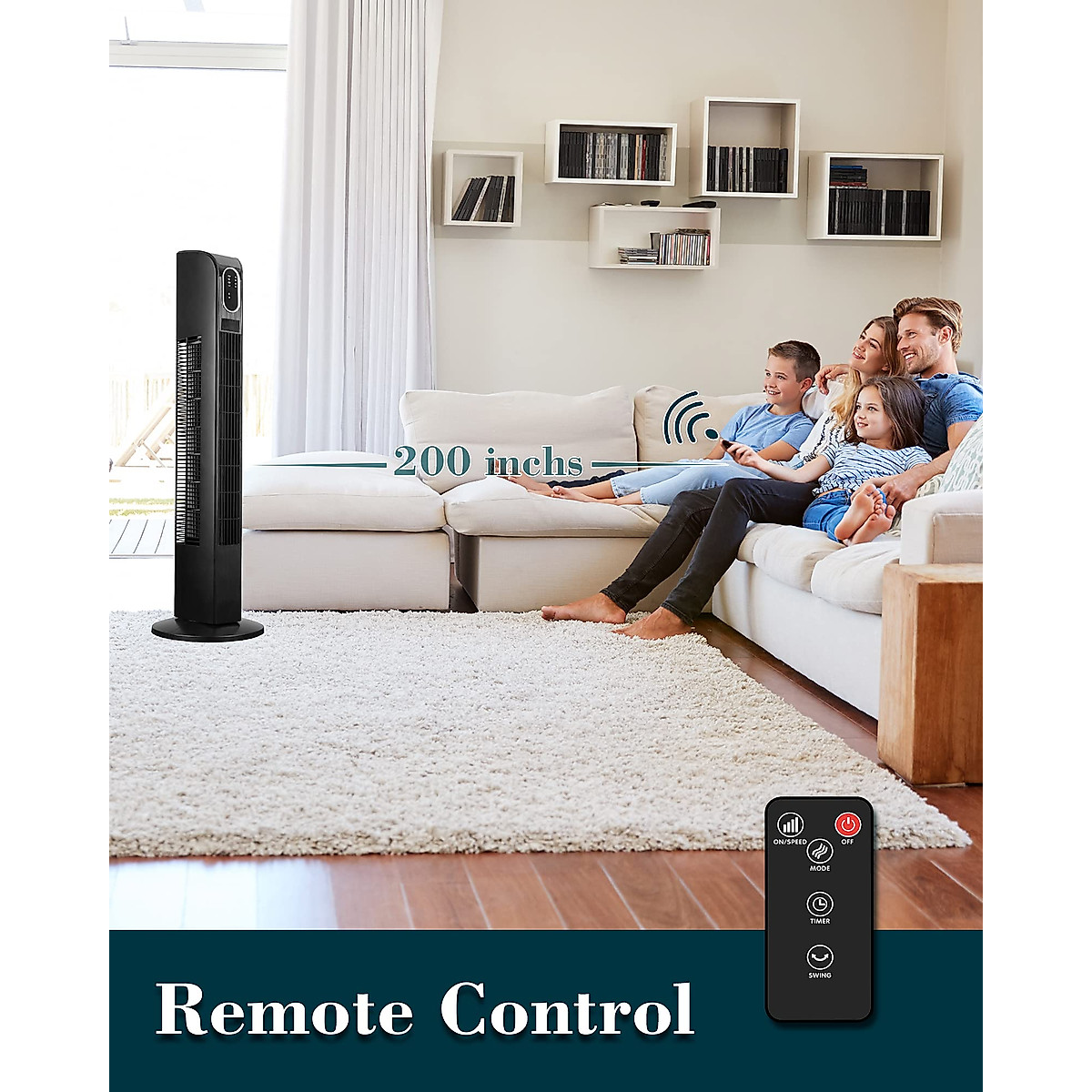 Uthfy Electric Standing Tower Fan,34'' Oscillating Tower Fan with Remote, Floor Fan for Bedroom Office and Home,Quiet Cooling Fan,Portable Bladeless Tower Fan with LED Display,Black