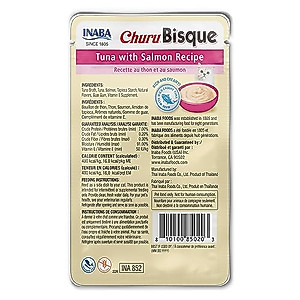 INABA Churu Bisque Lickable Treats for Cats, Creamy Purée Bisque with Vitamin E, 1.4 Ounces per Pouch, 16.8 Ounces Total (12 Servings), Tuna with Salmon Recipe
