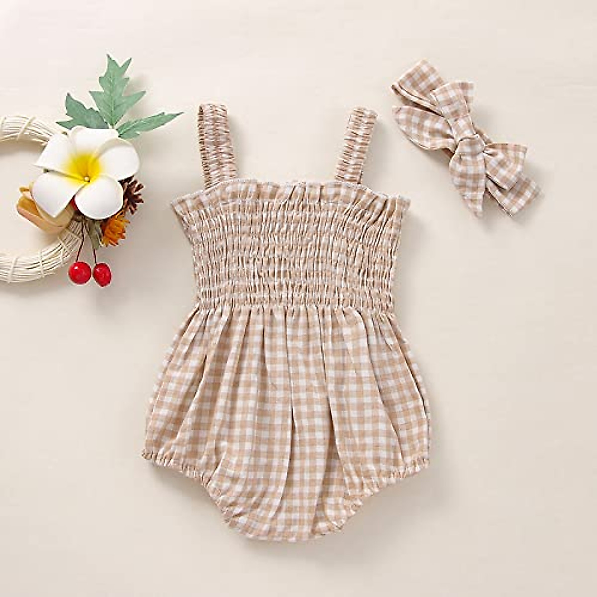Newborn Baby Girl Bodysuit Sleeveless Halter Frill Romper One-piece Jumpsuit with Headband Summer Clothes Set (Khaki, 3-6 Months)