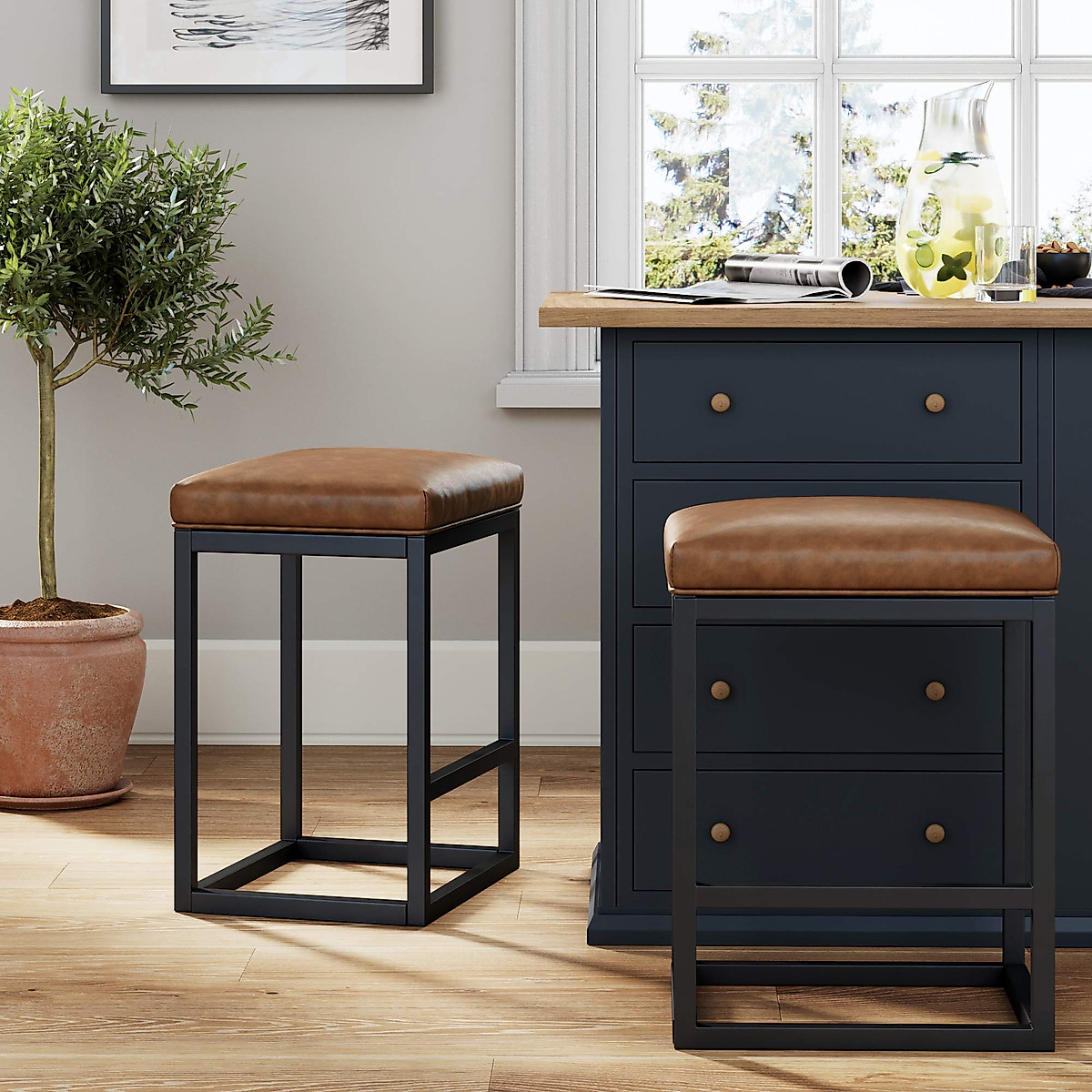 Nathan James Nelson Bar Stool with Leather Cushion and Metal Base, 24", Warm Brown/Black