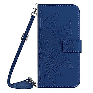 ONV Wallet Case for Oppo Reno 6 Pro 5G - with 1.5M Strap Sunflower Flip Leather Case Embossment Card Slot Shockproof Kickstand Magnetic Cover for Oppo Reno 6 Pro 5G [HT] -Blue-T