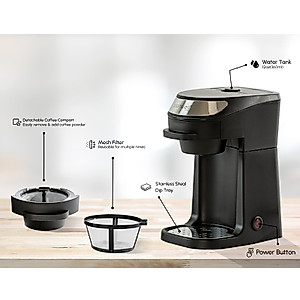 roomwell Single Serve Coffee Maker - 12 oz Stainless Steel Portable Drip, Reusable Mesh Filter, Ground Compatible, Non-Pod Mini Coffee Maker - Ideal Coffee Machine for College & Coffee Lovers,Black