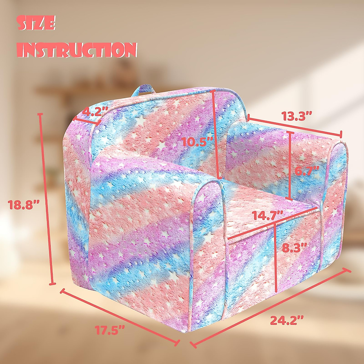 magic handle Kids Chair, Toddler Armchair with Foam, Glow in The Dark Kids Foam Sofa with Plush Removable Washable Cover Carrying Handle (Rainbow Pink)