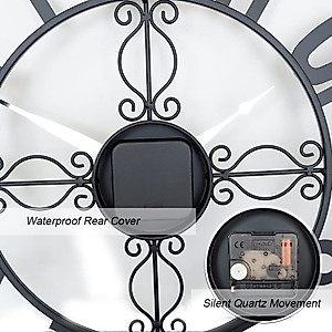 UMEXUS Outdoor Indoor Retro Wall Clock Waterproof, 18Inch Iron Metal Cut Out Large 3D Decorative Silent Non Ticking Wall Clock for Living Room, Patio, Garden, Office, Home Decor (Black)