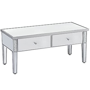 OPTOUGH Modern Glass Mirrored Coffee Table with 2 Drawers, Cocktail Platform with Crystal Handles and Adjustable Height Legs for Living Room, Silver