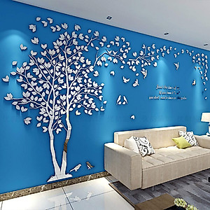 3D Tree Wall Stickers - DIY Tree and Birds Wall Decals Family Couple Tree Stickers Murals Wall Decor for Living Room Bedroom TV Background Home Decorations(Silver Left,M-98X51in)