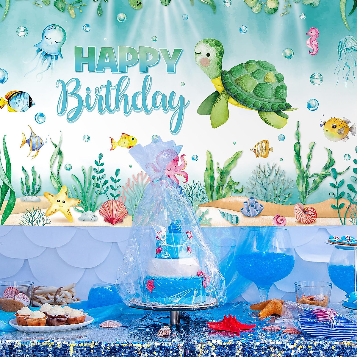 Preboun Ocean Animal Backdrop Ocean Turtle Decorations Ocean Theme Birthday Party Photography Background Banner for Underwater Blue Baby Shower Birthday Party Decorations Supplies, 3.6 x 6 Feet
