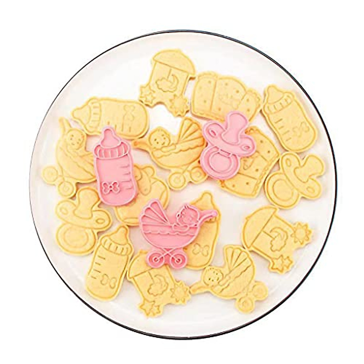 Cookie Cutter Plastic Baby Stroller Feeding Bottle Clothes Shape DIY Cookie Cutter Biscuit Mould Baking Decorating Tools Cookie Stamp Stamper Embosser For Baking Happy Birthday Baby Shower Designs Set