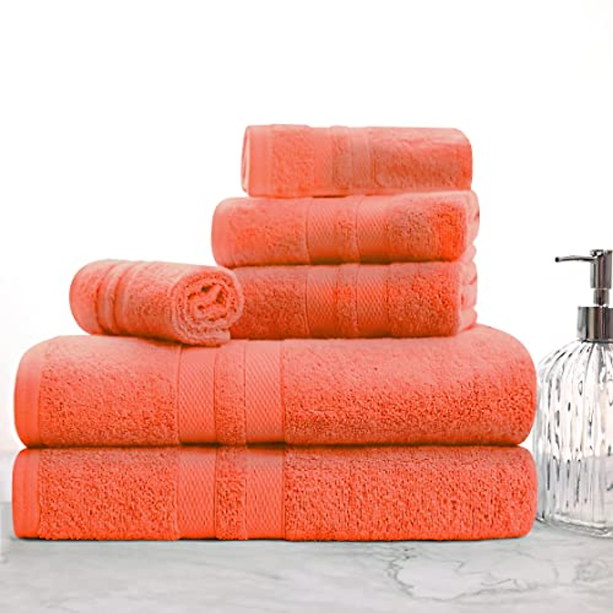 Superior Ultra-Soft 6-Piece Cotton Towel Set, Includes 2 Bath Towels, 2 Hand Towels, and 2 Washcloths for Bathroom, Guest Room, Quick Dry, Daily Use Home Essential Towels - Tangerine