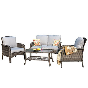 XIZZI 4 Pieces Outdoor Wicker Patio Furniture Set, All Weather Rattan High Back Loveseat with Cushions, Coffee Table and Armchairs, Modern Garden or Backyard Lounge Set (Grey Rattan-Grey Cushion)