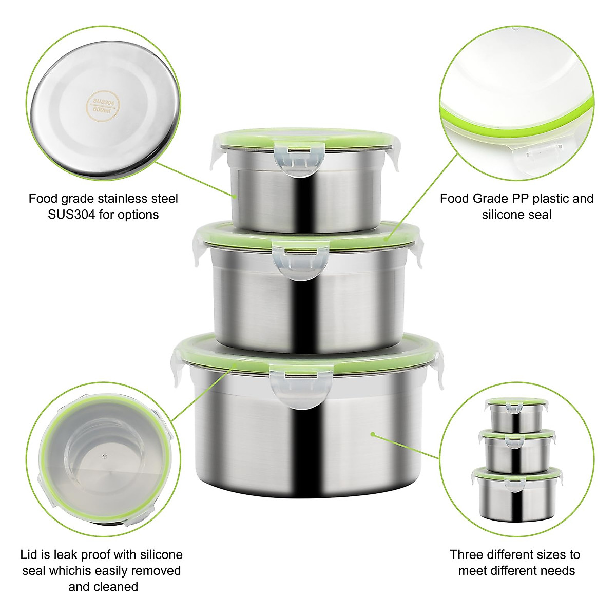 BSDLZCH 3pcs Stainless Steel Food Storage Container Set, Sealed Bowl With Cover Round Meal Prep Lunch Bento Box Kitchen Fresh-keeping Bowl Airtight Food Container for Oven Freezer (Green)