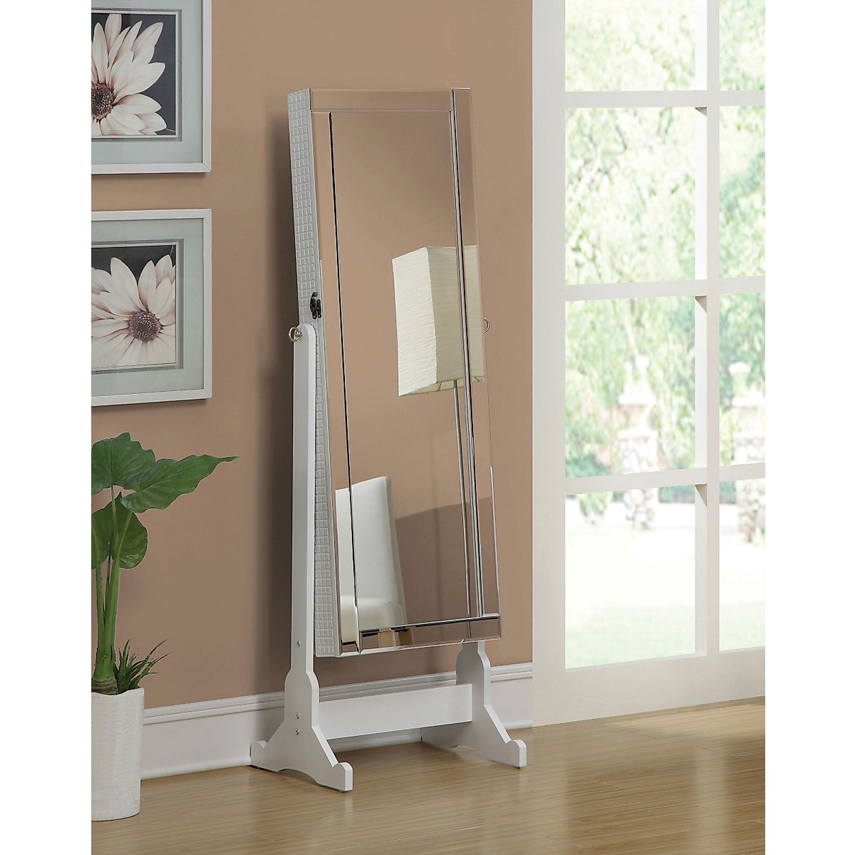 Coaster Home Furnishings Zayas Contemporary Rectangular Cheval Mirror with Jewelry Storage Adjustable Bedroom Mirror Jewelry Armoire White 901827