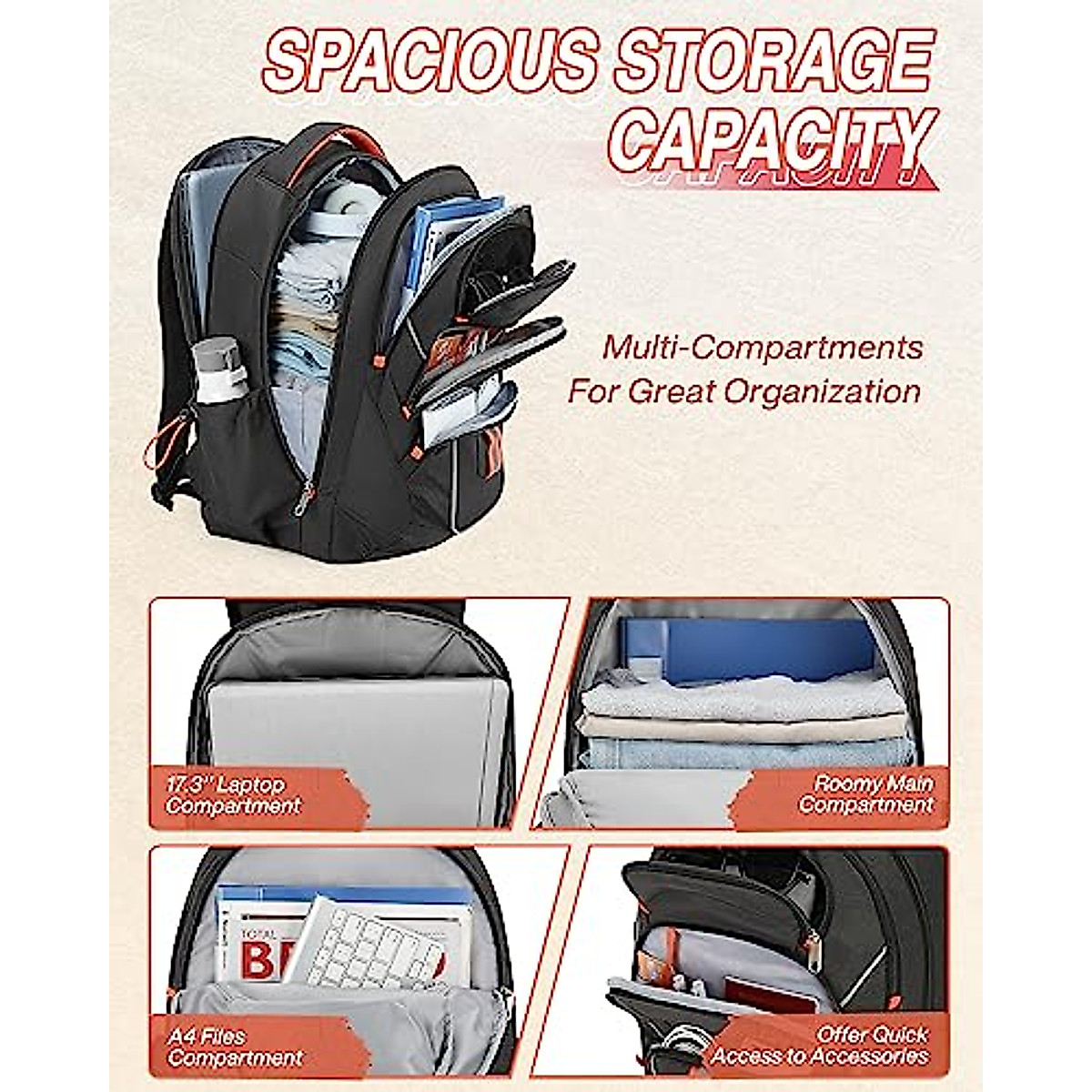 BAGSMART Large Travel Backpack for Women Men,Laptop Backpack Flight Approved Carry On Computer Bag Fits 17 Inch Laptop,Water Resistant Outdoor Backpack for Hiking Business,Black